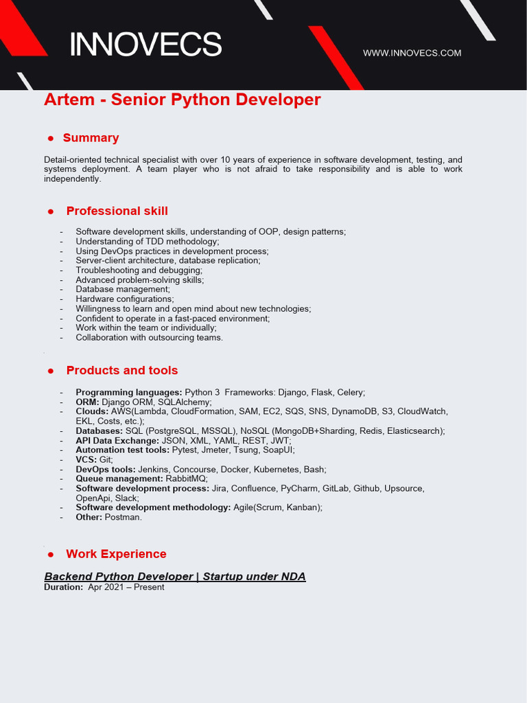 Artem - Senior Python Developer | PDF | Computer Programming | Amazon Web Services
