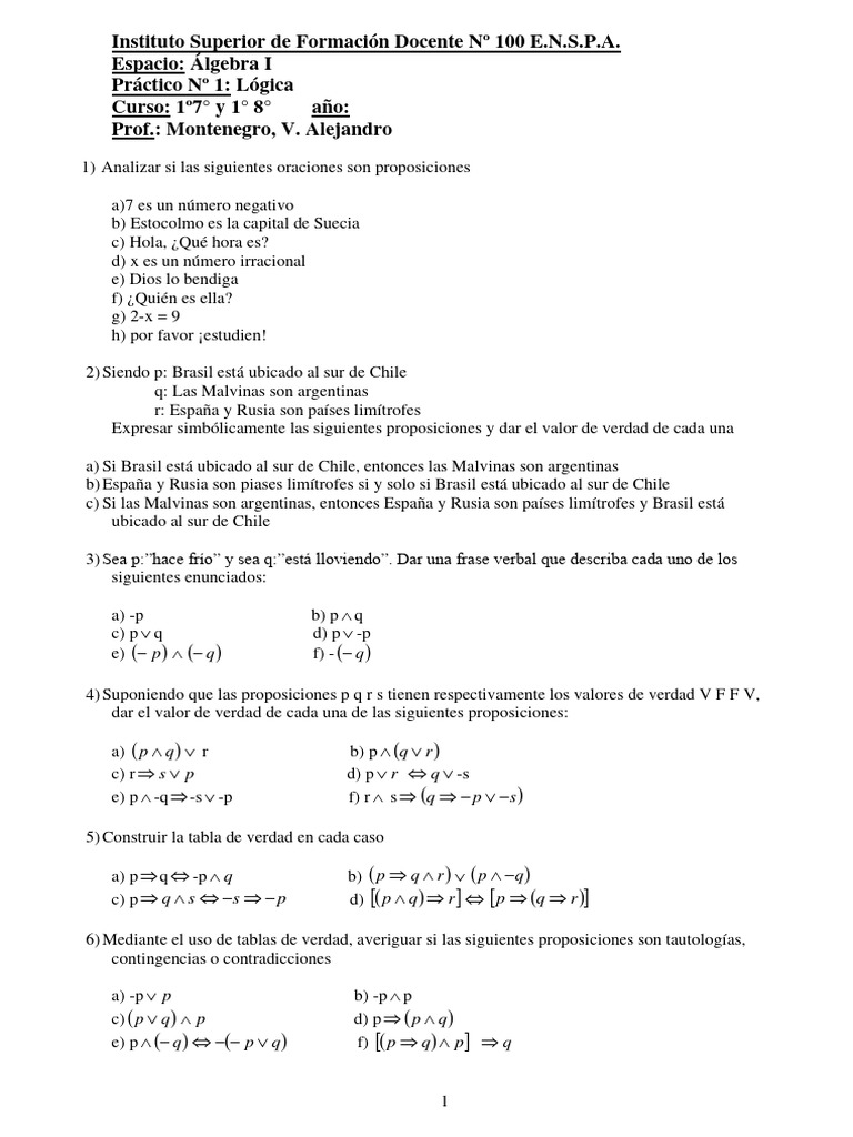 TP 1 Lógica Matemática | PDF | Proposición | Verdad