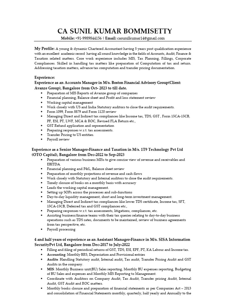 CA Sunil Kumar Bommisetty Resume | PDF | Taxes | Audit