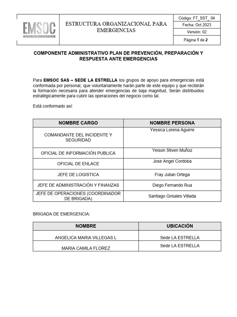 Anexo 3 Estructura Organizacional para Emergencias | PDF
