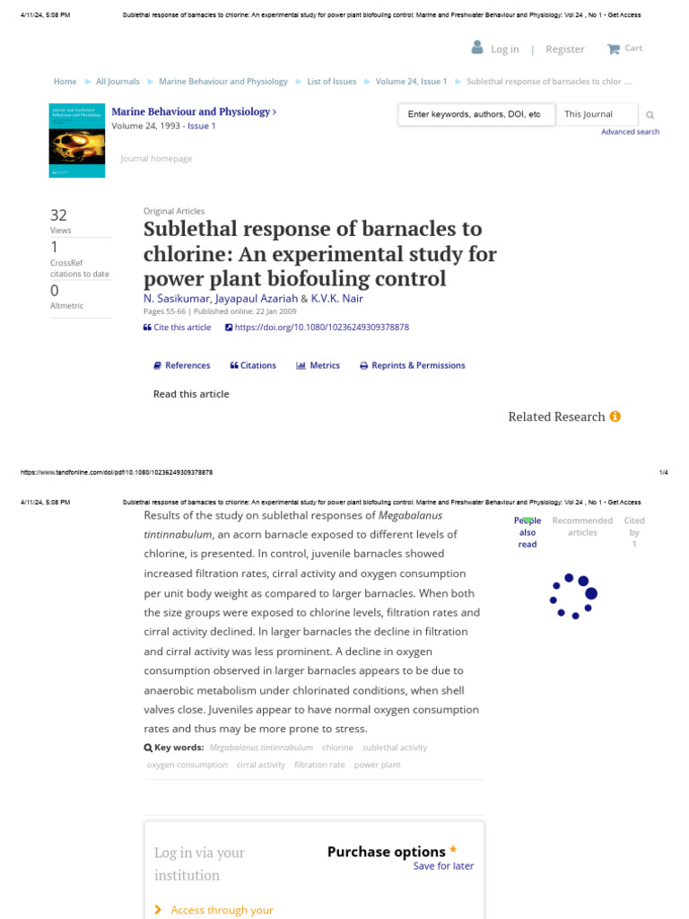 Sublethal Response of Barnacles To Chlorine: An Experimental Study For ...
