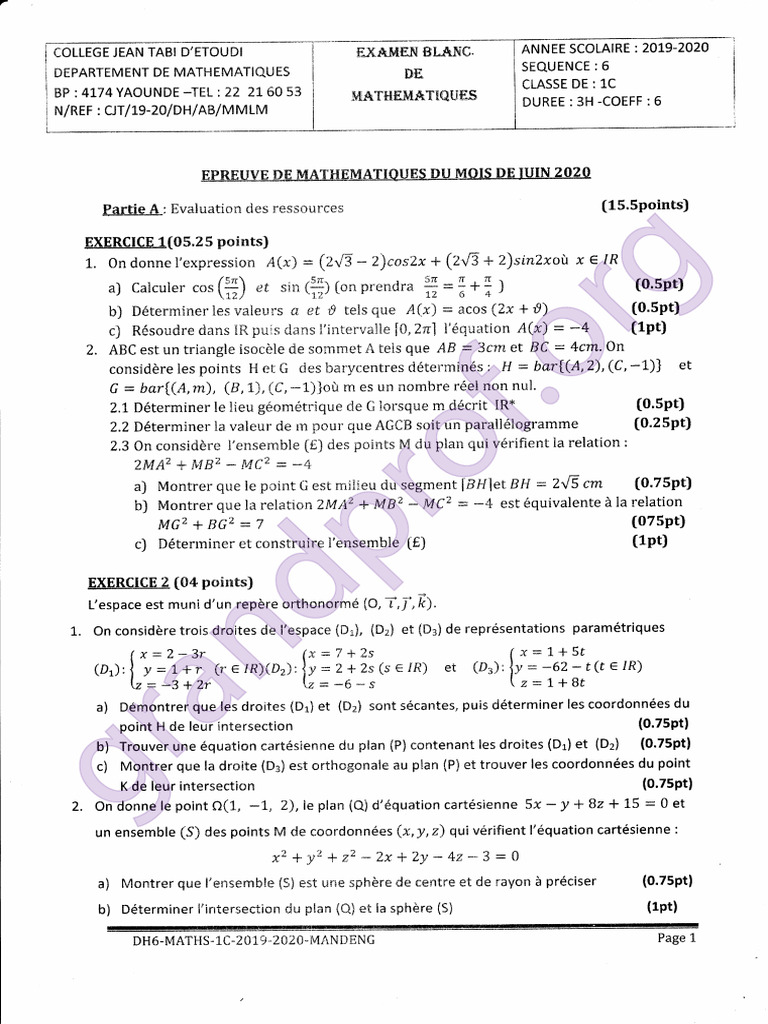 Maths 1erec Probatoire Blanc College Jean Tabi Juin 2020 | PDF