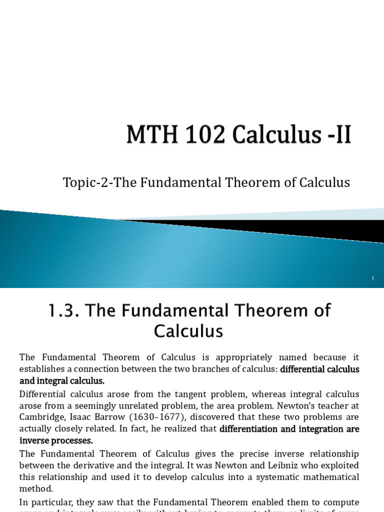 MTH 102 Calculus -II-Topic 2-the fundamental theorem of calculus | PDF | Calculus | Integral