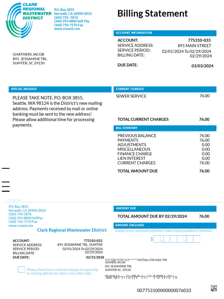 Clark Regional Wastewater Bill Statement | PDF | Financial Services
