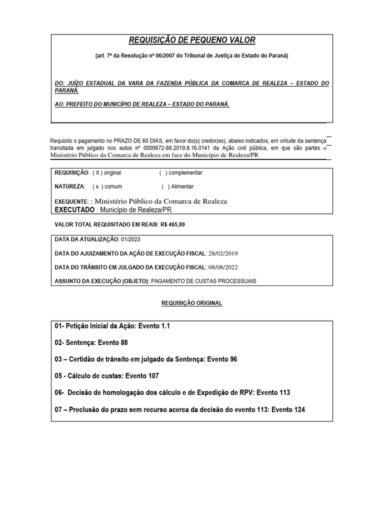 RPV MUNICIPIO DE REALEZA - CUSTAS + Honorários | PDF