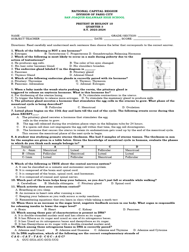 Q3 SCIENCE 10 Pretest 2023 2024 | PDF | Dna | Rna