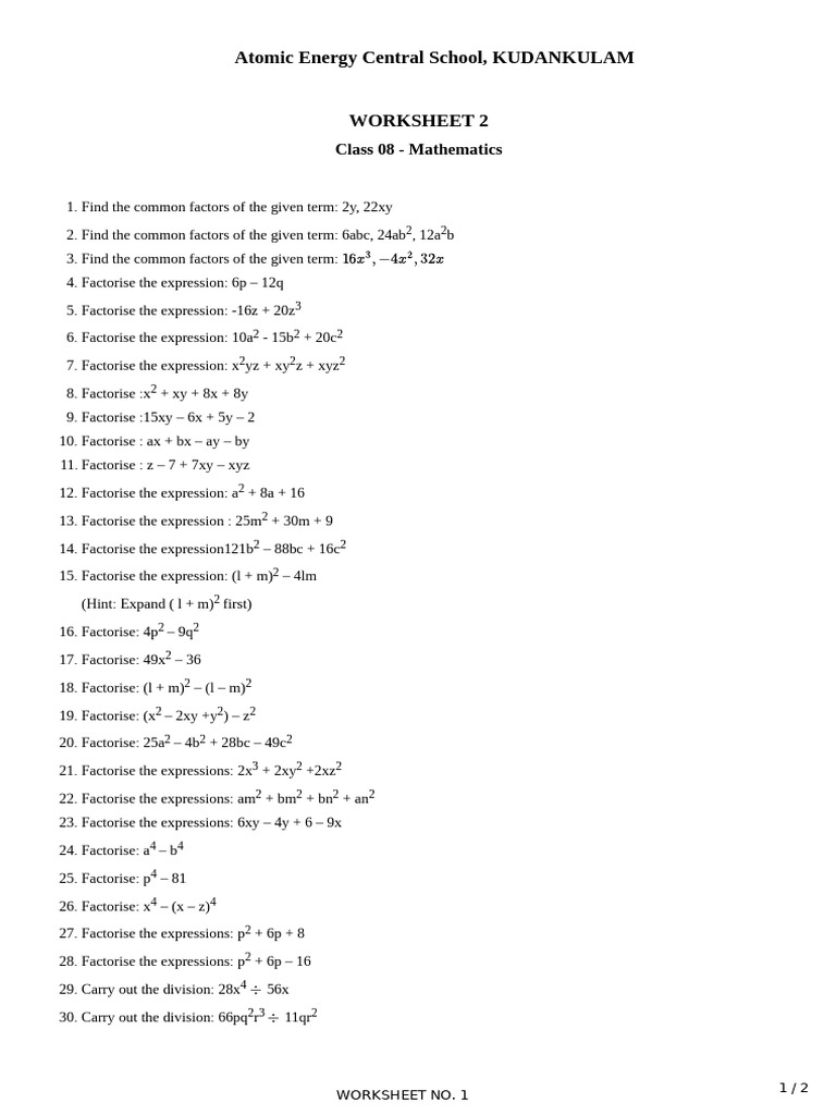 maths class 8 worksheet | PDF | Algebra | Mathematics
