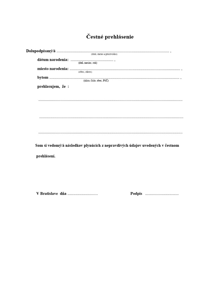 Cestne Prehlasenie-Vzor (1) - Prehlasenie Mesto | PDF