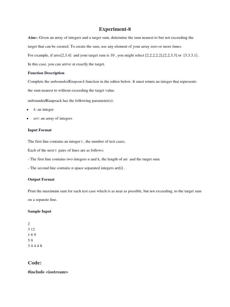 Unbounded Knapsack Problem Solution | PDF | Teaching Methods & Materials