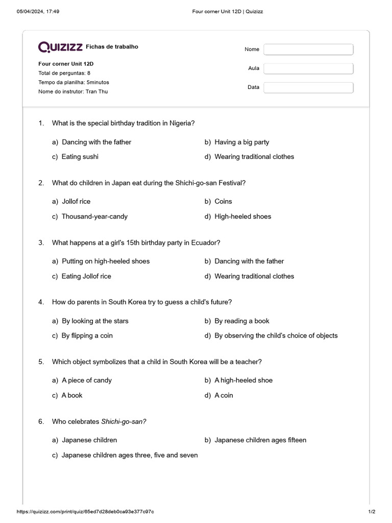 Four Corner Unit 12D - Quizizz | PDF
