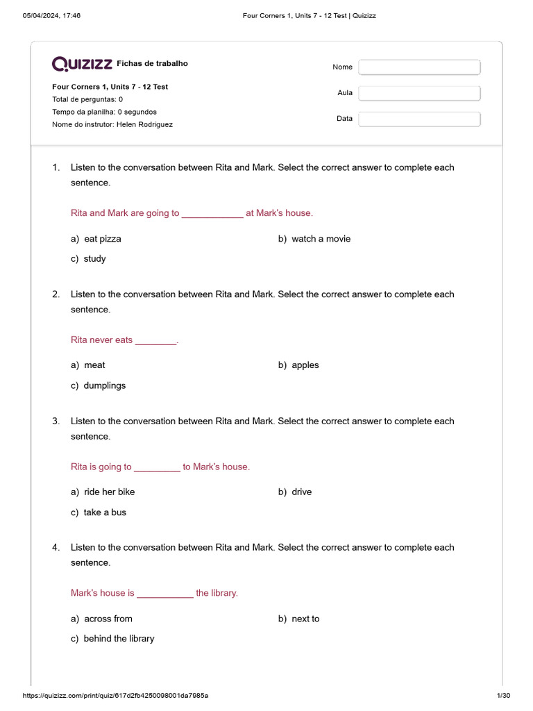 FOUR CORNER 1 Units7to12 Level Exam | PDF | Phrase | Grammar