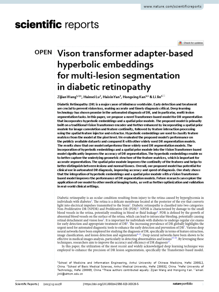 Vison Transformer Adapter Based Hyperbolic Embeddings For Multi Lesion Segmentation in Diabetic ...