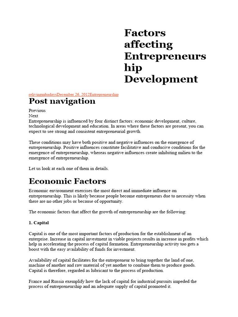 Factors affecting Entrepreneurship Development | PDF | Entrepreneurship ...