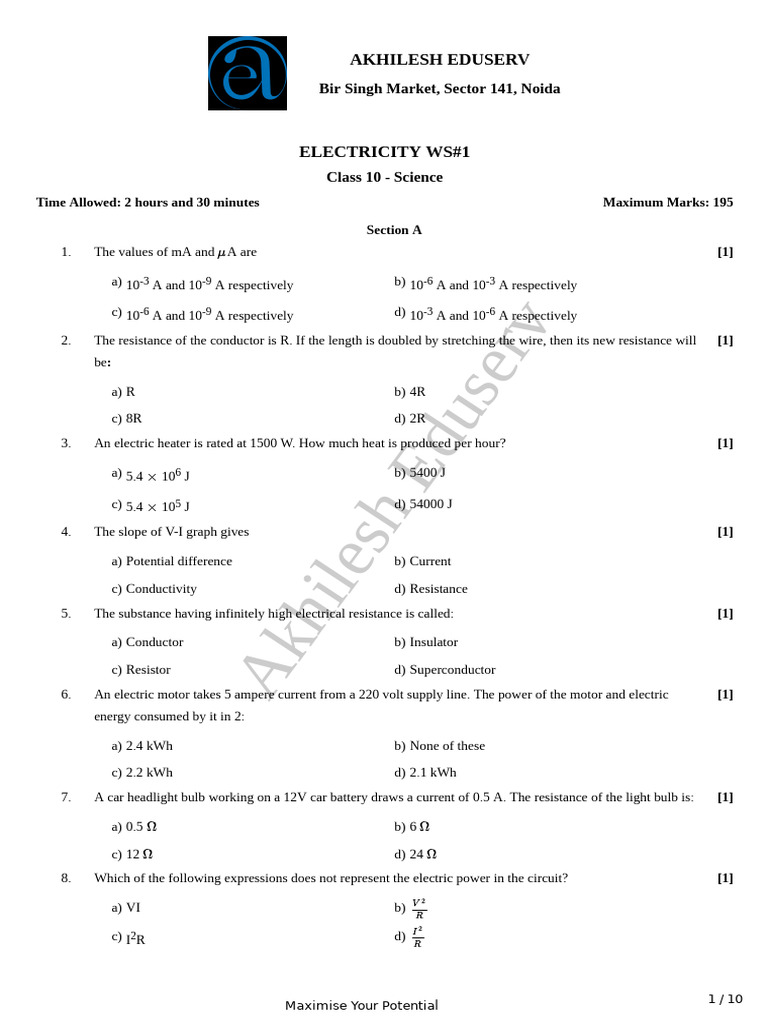 Electricity Ws | PDF | Electrical Resistance And Conductance | Series And Parallel Circuits