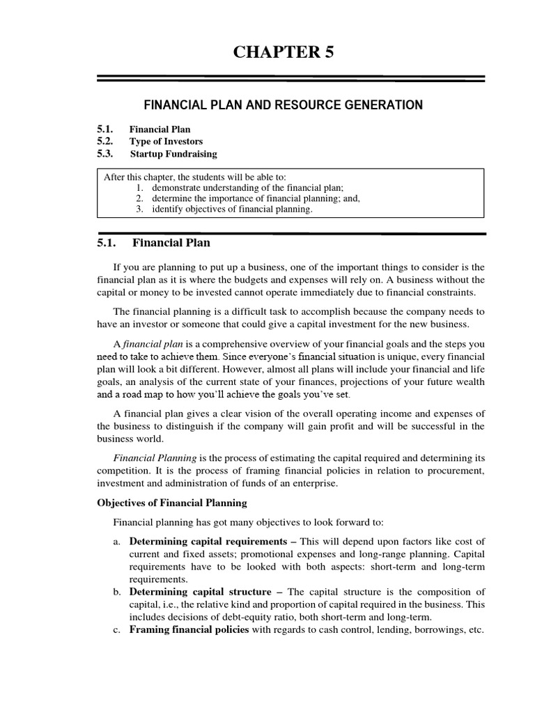 Chapter-5-Financial-Plan-and-Resource-Generation | PDF | Corporate Finance | Venture Capital