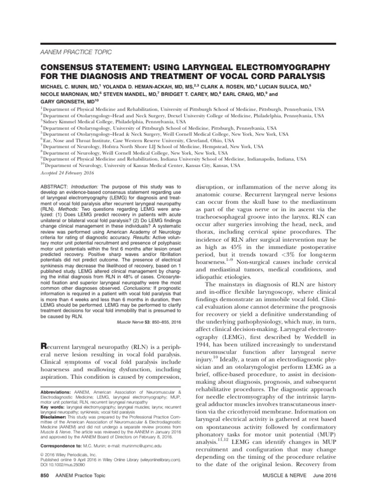 Consensus Statement Using Laryngeal Electromyography For The Diagnosis and Treatment of Vocal ...