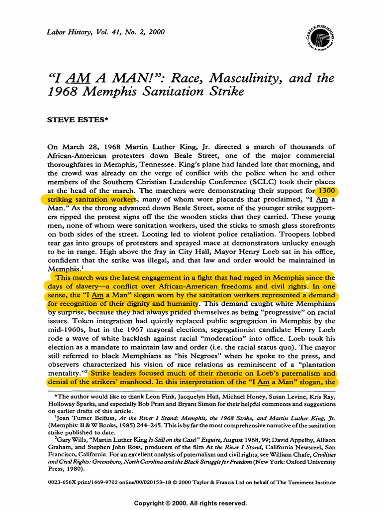 I Am A Man Race, Masculinity, and The 1968 Menphis Sanitation Strike ...