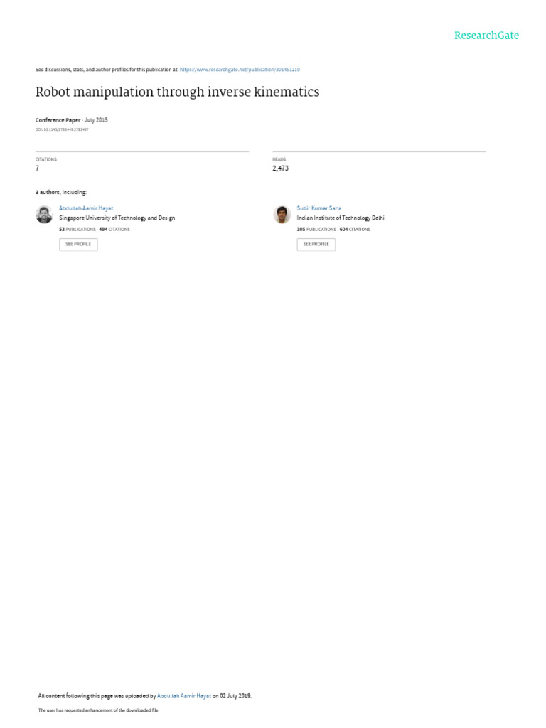 Robot Manipulation Through Inverse Kinematics | Download Free PDF | Kinematics | Mechanics