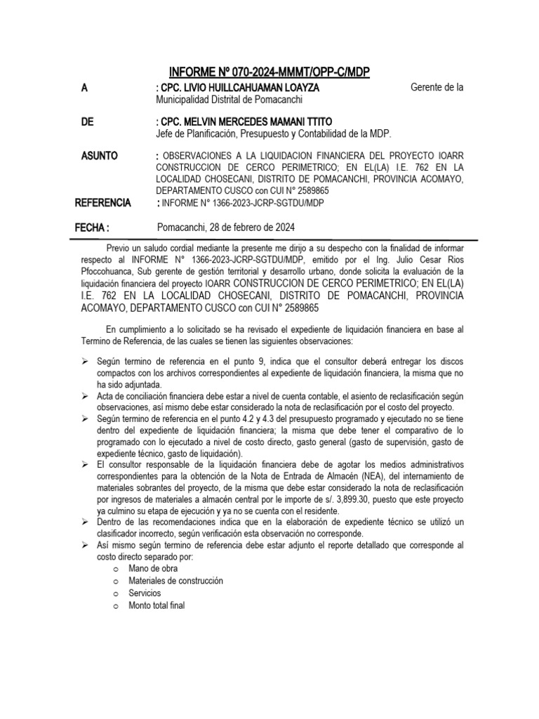 INFORME Nº 070 | PDF | Presupuesto