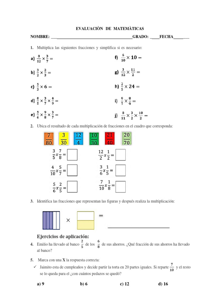 Evaluación de Multiplicación de Fracciones | PDF
