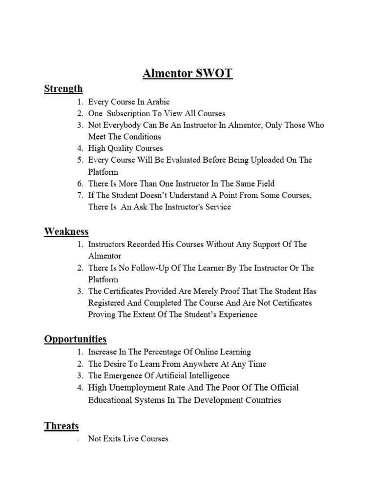 منافسين المنتور | Download Free PDF | Learning | Swot Analysis