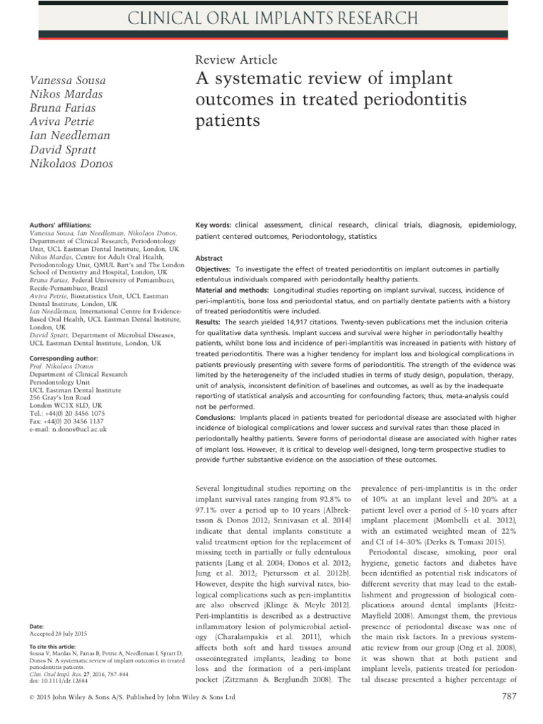 Clinical Oral Implants Res - 2015 - Sousa - A Systematic Review of Implant Outcomes in Treated ...
