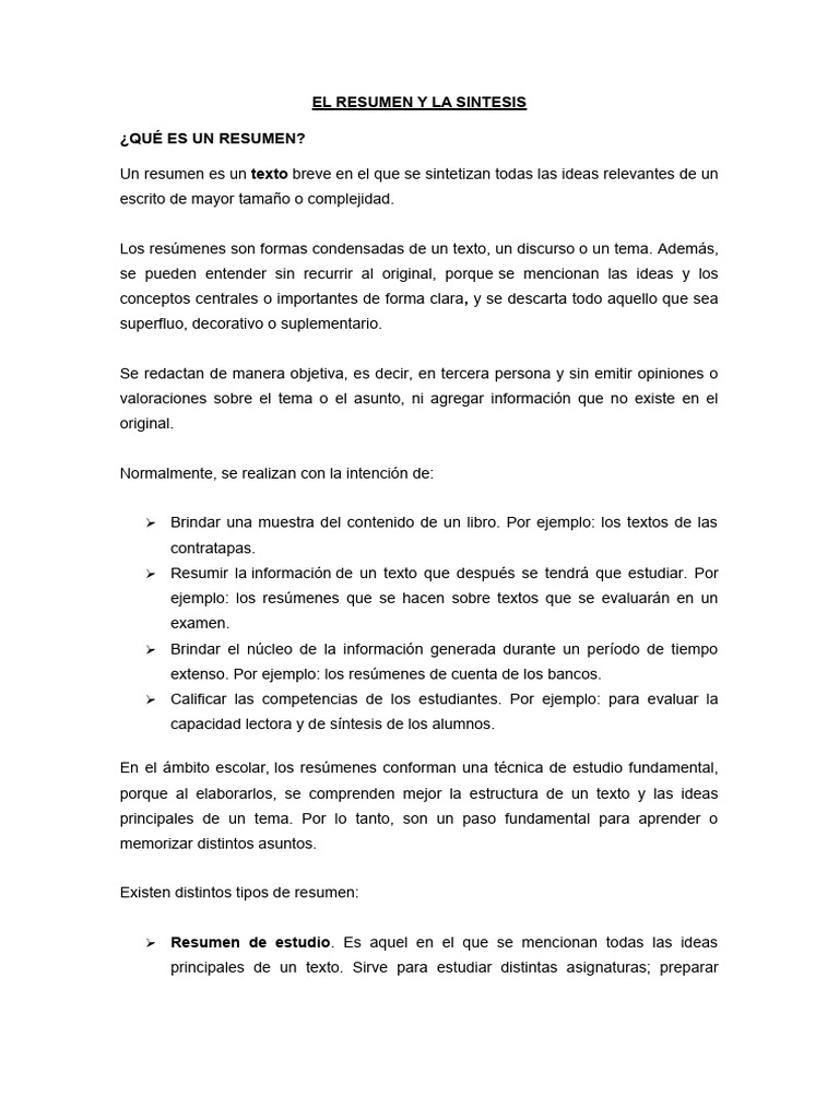 Resumen y Síntesis: Definición y Tipos | PDF | Sumario abstracto ...