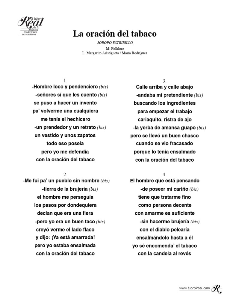 La Oración Del Tabaco: M: Folklore L: Margarito Aristigueta / María ...