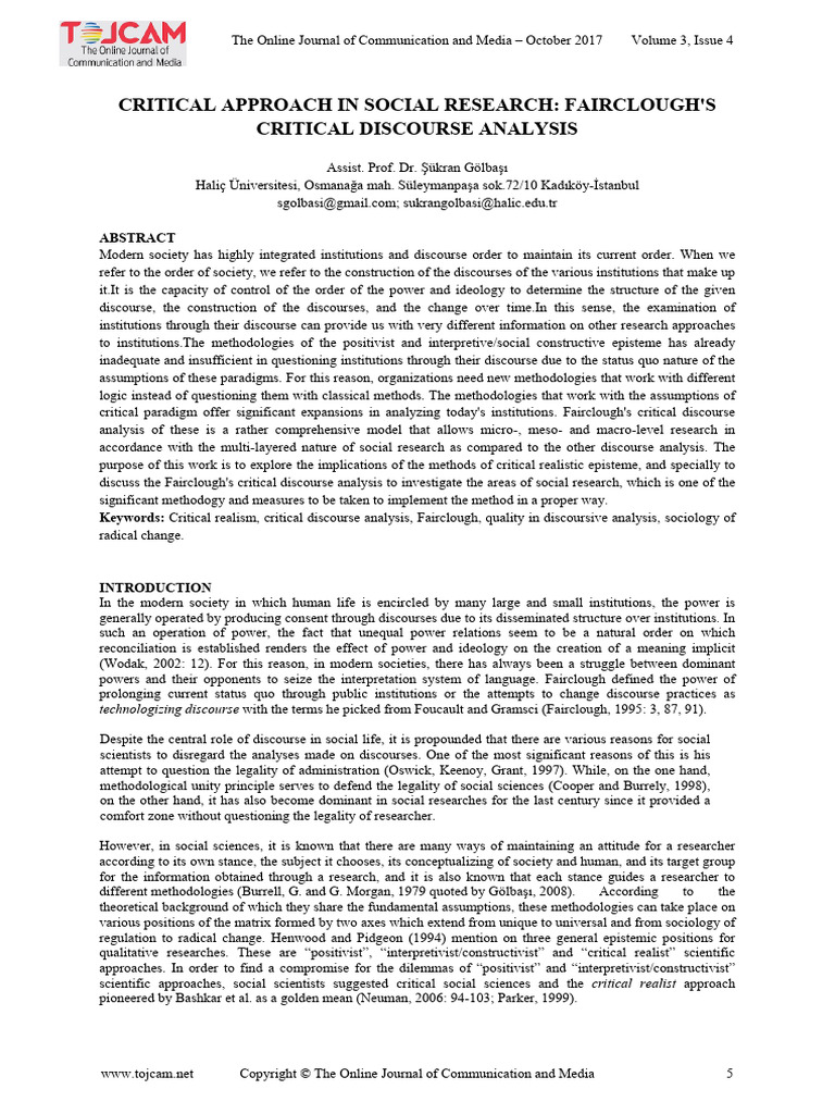 Critical Approach in Social Research: Fairclough'S Critical Discourse ...