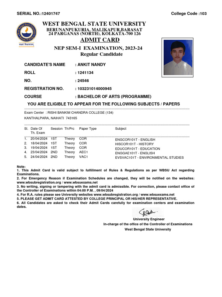 West Bengal State University: Nep Sem-I Examination, 2023-24 Regular Candidate | PDF ...