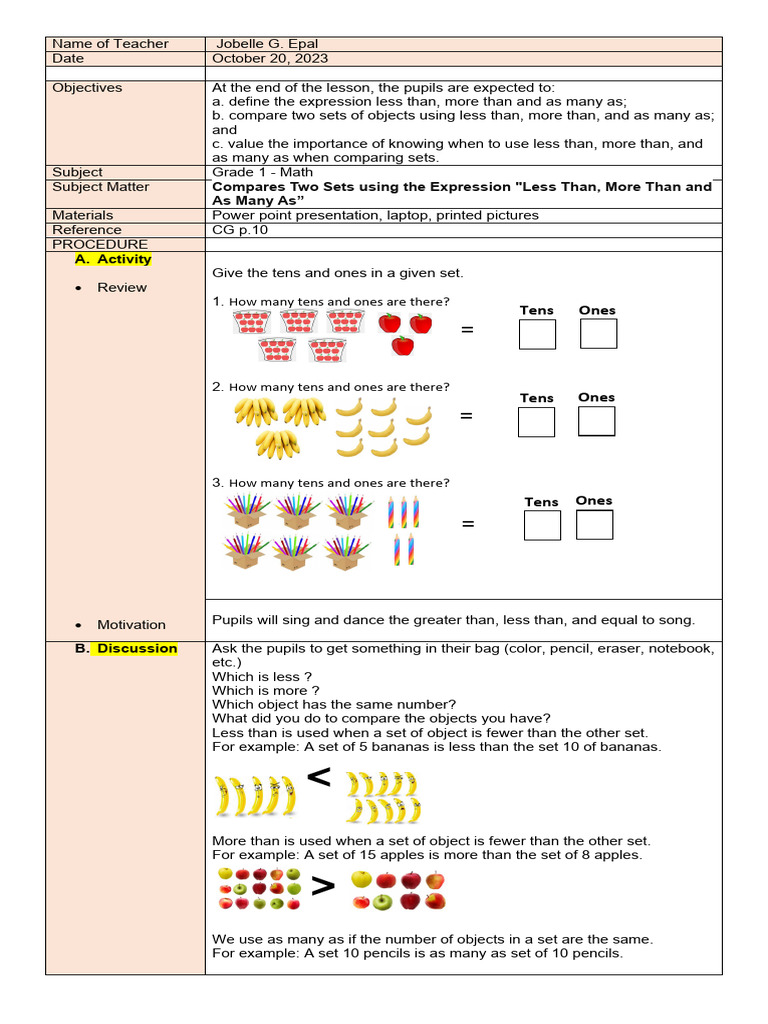 Comparing Sets: Less, More, As Many | PDF | Lesson Plan