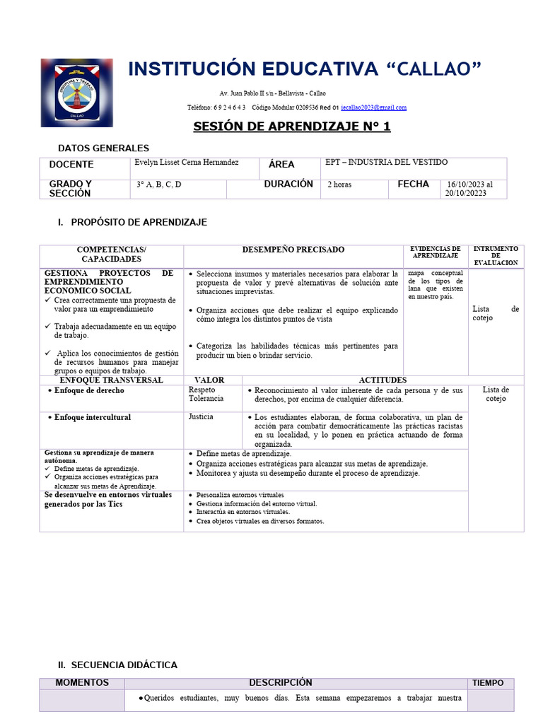 sesion de aprendizaje N°1 - 3ro | PDF | Aprendizaje | Evaluación