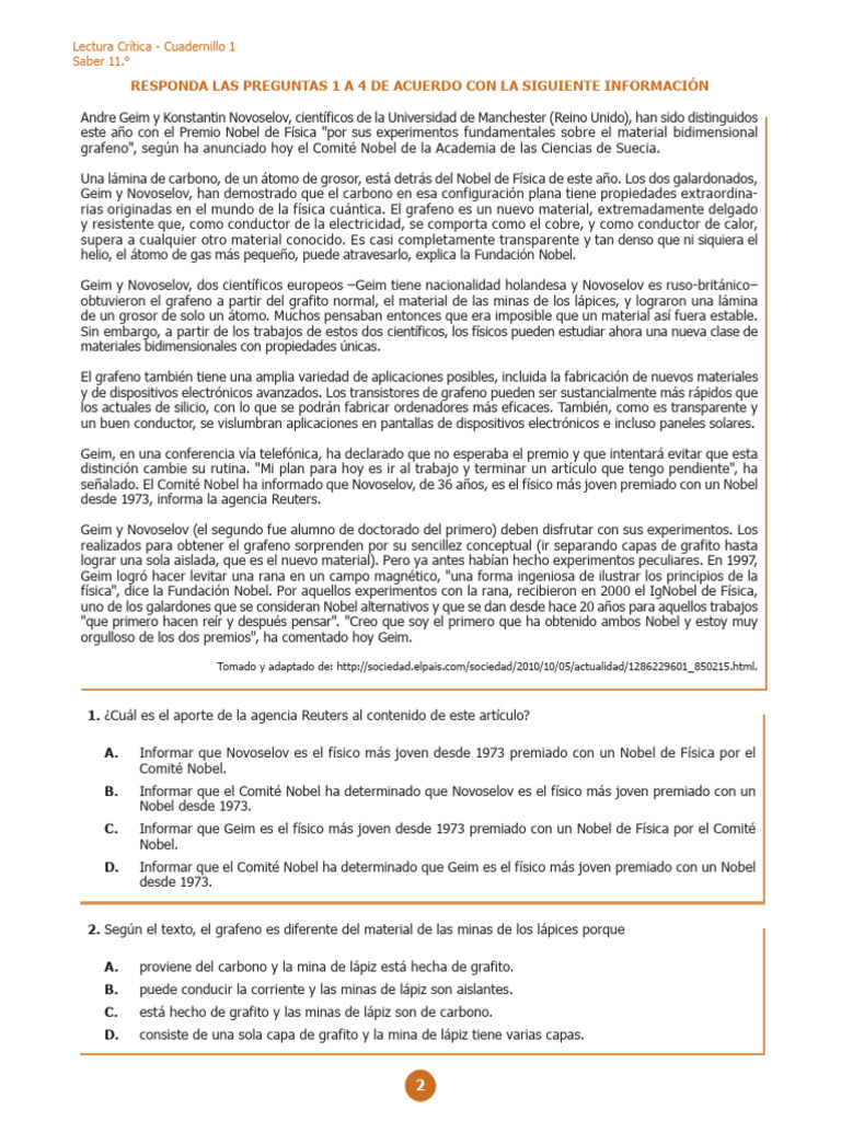 PREGUNTAS de Guia - PC-LecturaCritica-11-1 | PDF | Grafeno | Grafito