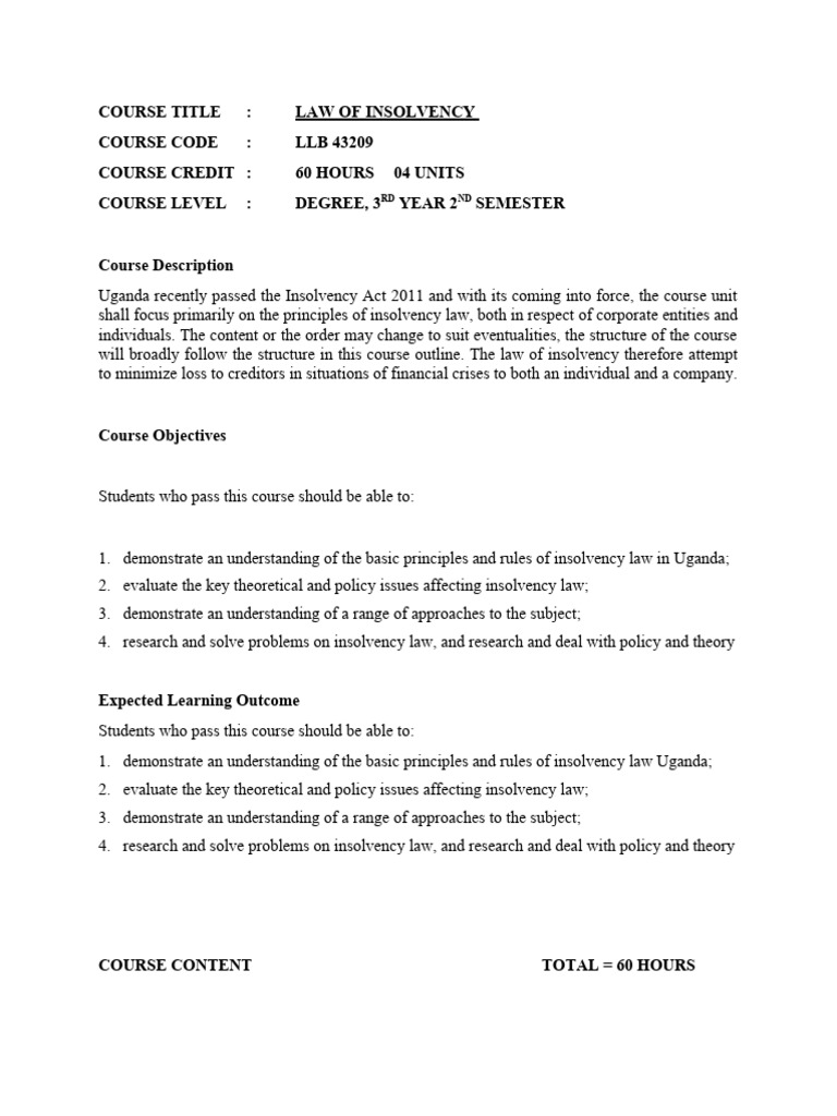 Uganda Insolvency Law Course | PDF | Bankruptcy | Insolvency