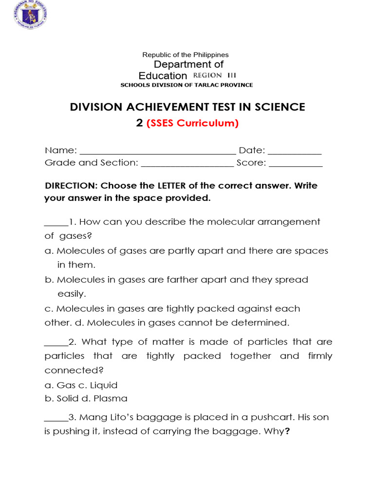 Grade 2 Science Achievement Test | PDF | Gases | Liquids