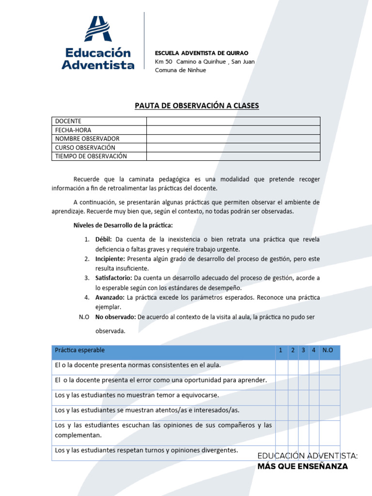Pauta Observacion de Clases | PDF | Salón de clases | Ciencia cognitiva