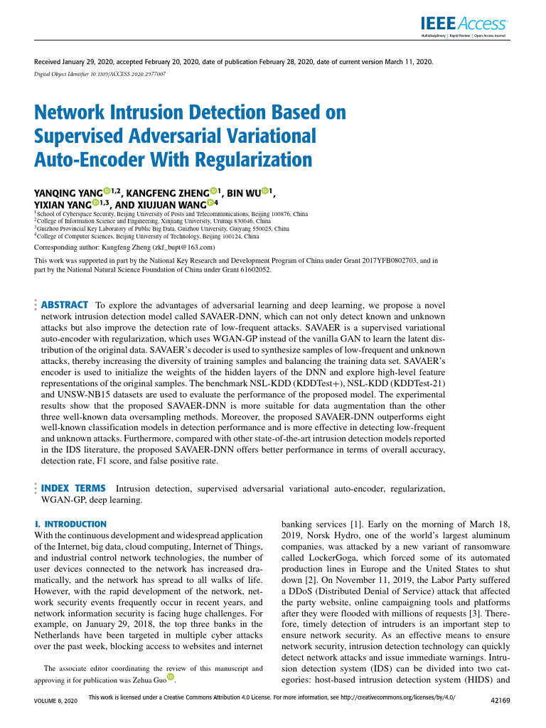 Network Intrusion Detection Based On Supervised Adversarial Variational Auto Encoder With