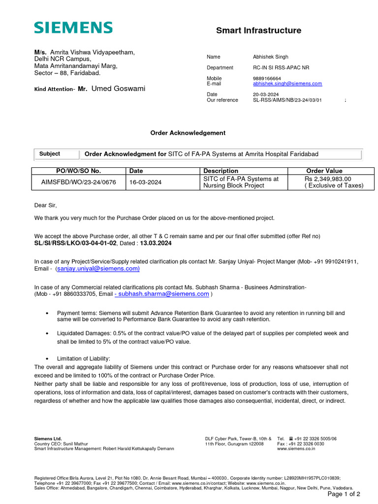 Order Acknowledgement - Amrita Hospital | PDF | Economies | Business