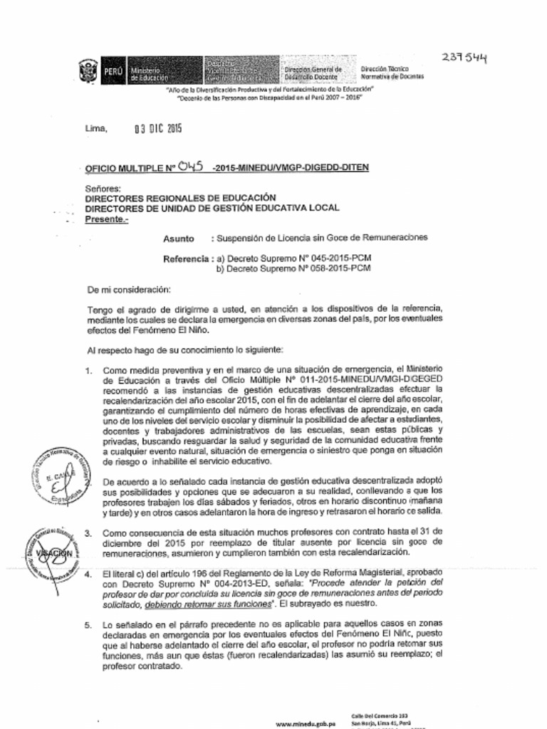 Oficio Múltiple 045-2015 - DITEN - Suspension de Licencia Sin Goce | PDF