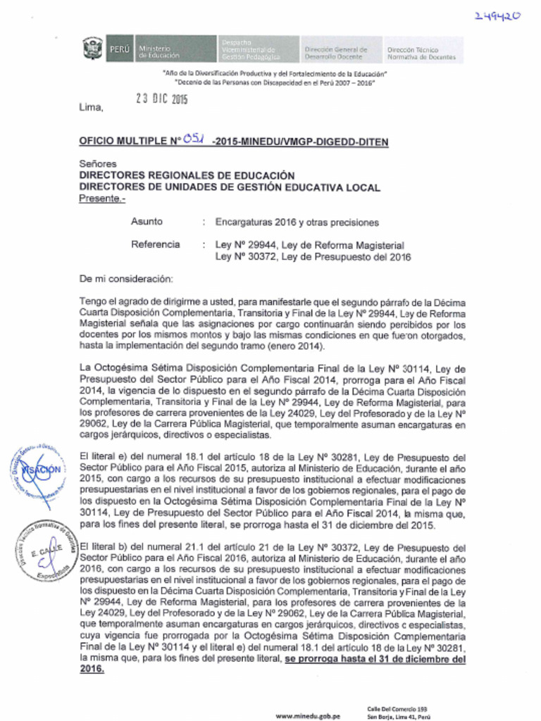 Oficio Múltiple 051-2015 - Encargaturas 2016 y Otras Precisiones | PDF