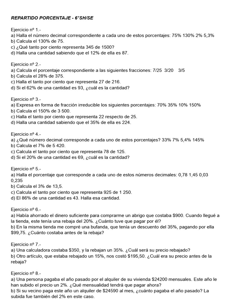 Cálculo de Porcentajes y Cantidades | PDF | Porcentaje