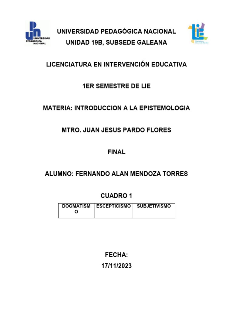 CUADRO 1 18-11-2023 | PDF | Verdad | Conocimiento CUADRO 1 18-11-2023 | PDF | Verdad | Conocimiento