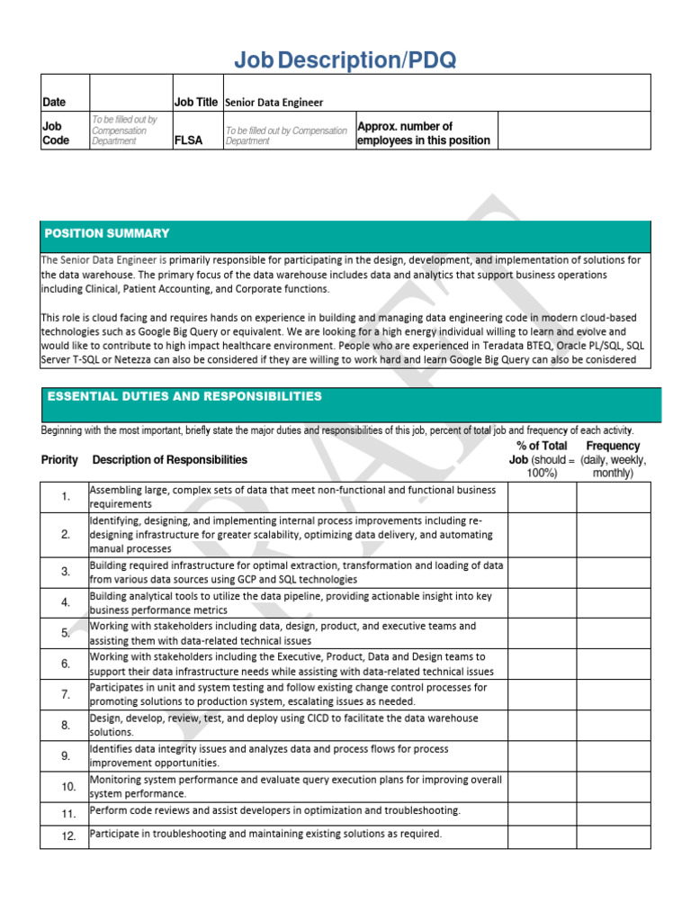 Sr Data Engineer Jd Pdf Information Retrieval Information Science