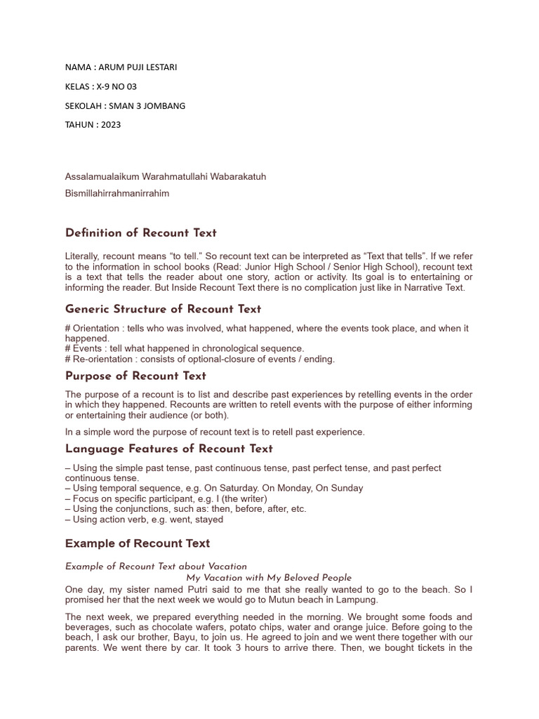 Recount Text Guide & Vacation Example | PDF | Grammatical Tense ...