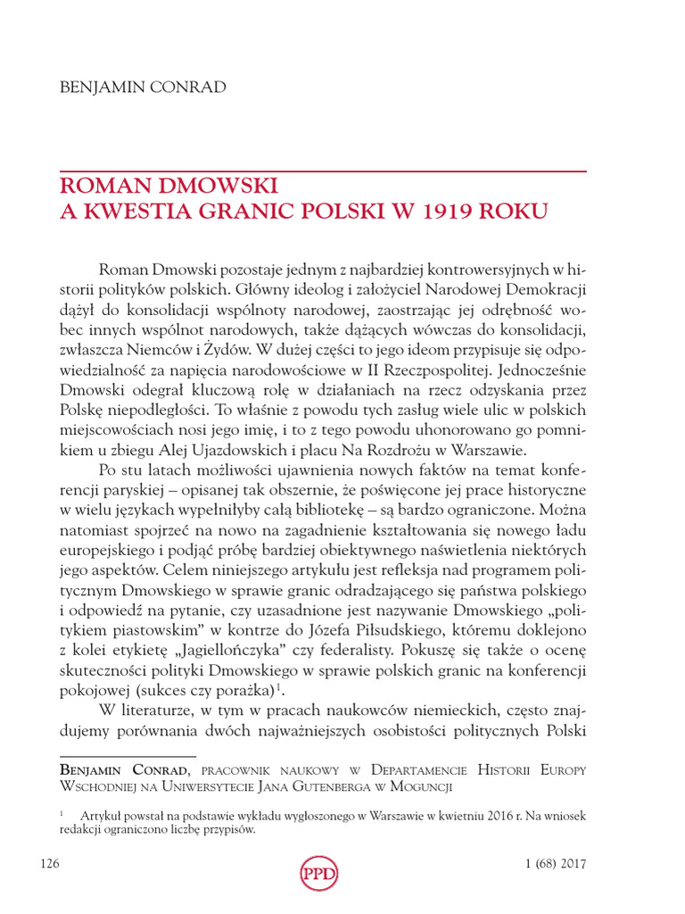 Polski Przeglad Dyplomatyczny 2 2016 - Roman Dmowski A Kwestia Granic Polski W 1919 Roku | PDF
