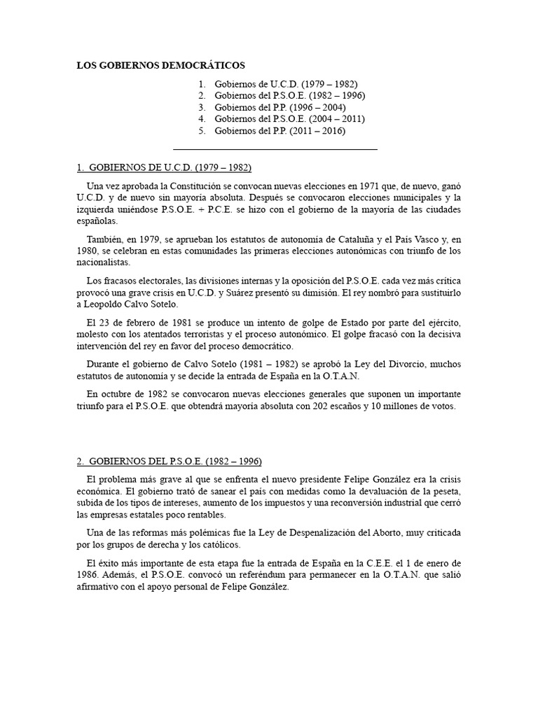 Los Gobiernos Democráticos | PDF | España | Política de españa