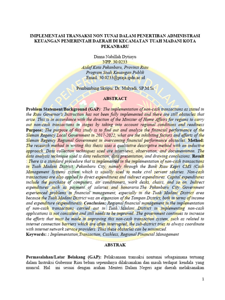 Repositori Dinna Nabillah Dytiayu - 30.0233 - Implementasi Transaksi Non Tunai Dalam Penertiban ...