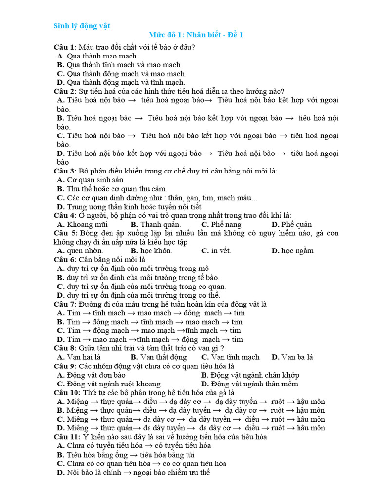 Bai Tap Trac Nghiem Sinh Ly Dong Vat Co Dap An Va Loi Giai Chi Tiet | PDF