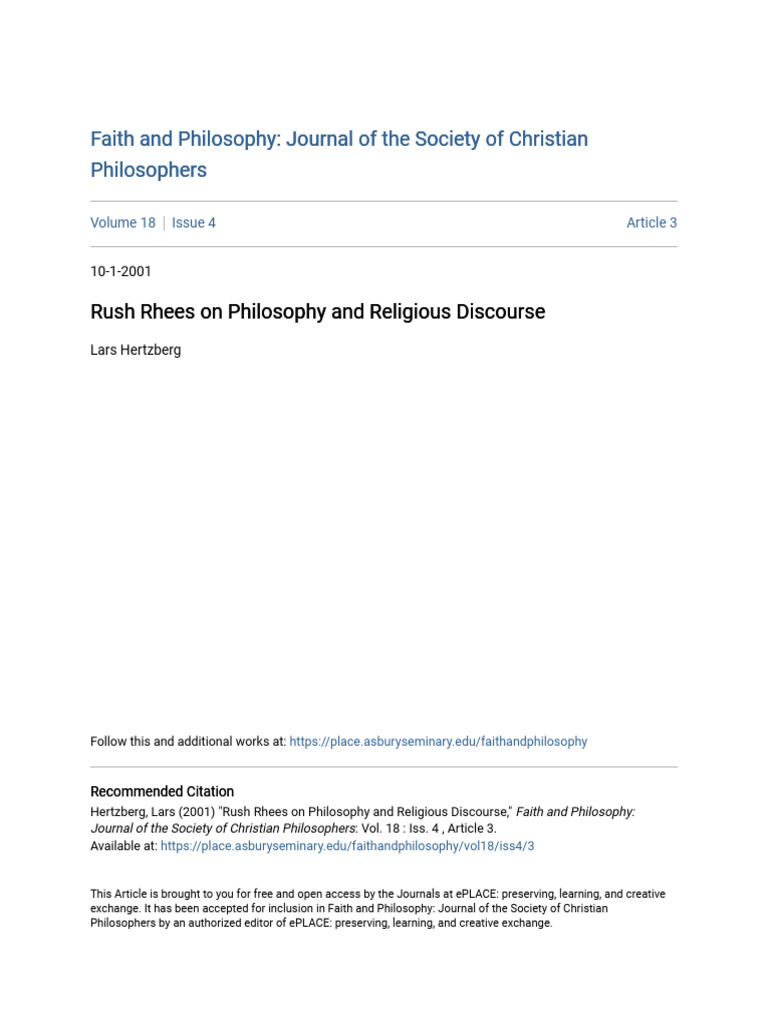 Herzberg Rush Rhees On Discourse and Religion | PDF | Ludwig ...