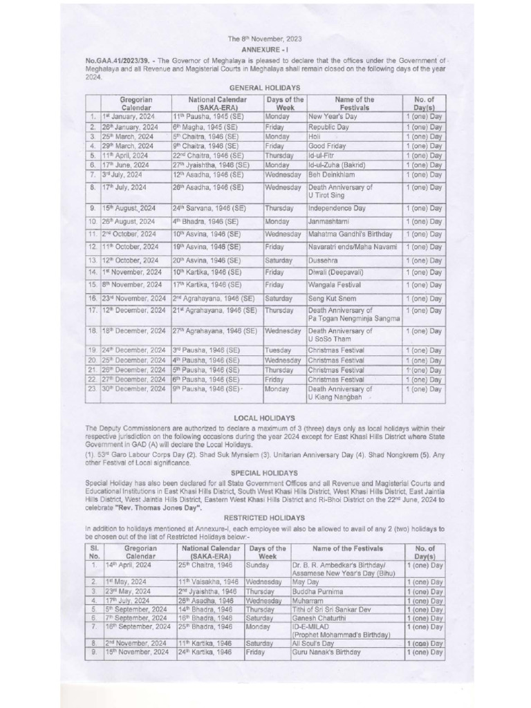 Meghalaya State Calendar 2024 | PDF